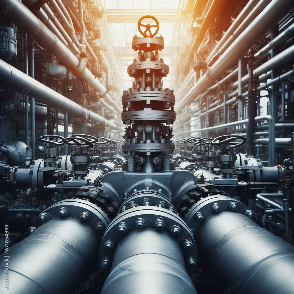 Pipeline valves at the gas plant close-up of hydraulic system pipes ...