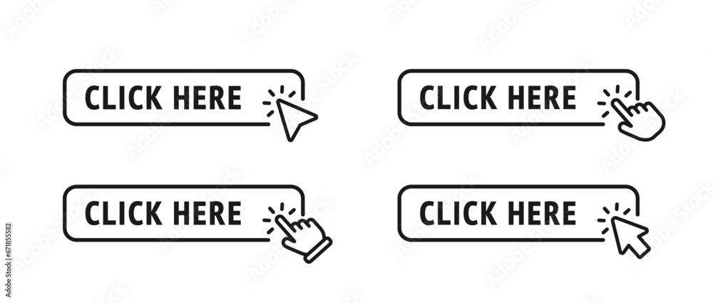 Click here button with arrow pointer clicking icon. Click here vector web button. Web button ...