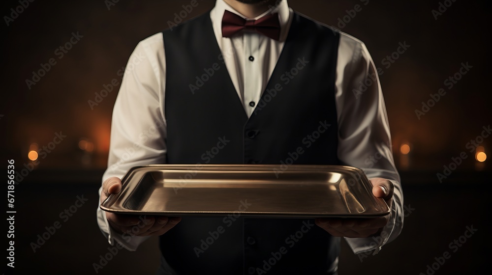 Waiter tray butler hand serve hold plate isolated white man silver ...