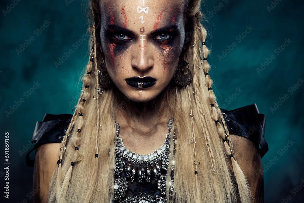 Cropped photo of dangerous shield maiden girl viking tribe leader ready ...