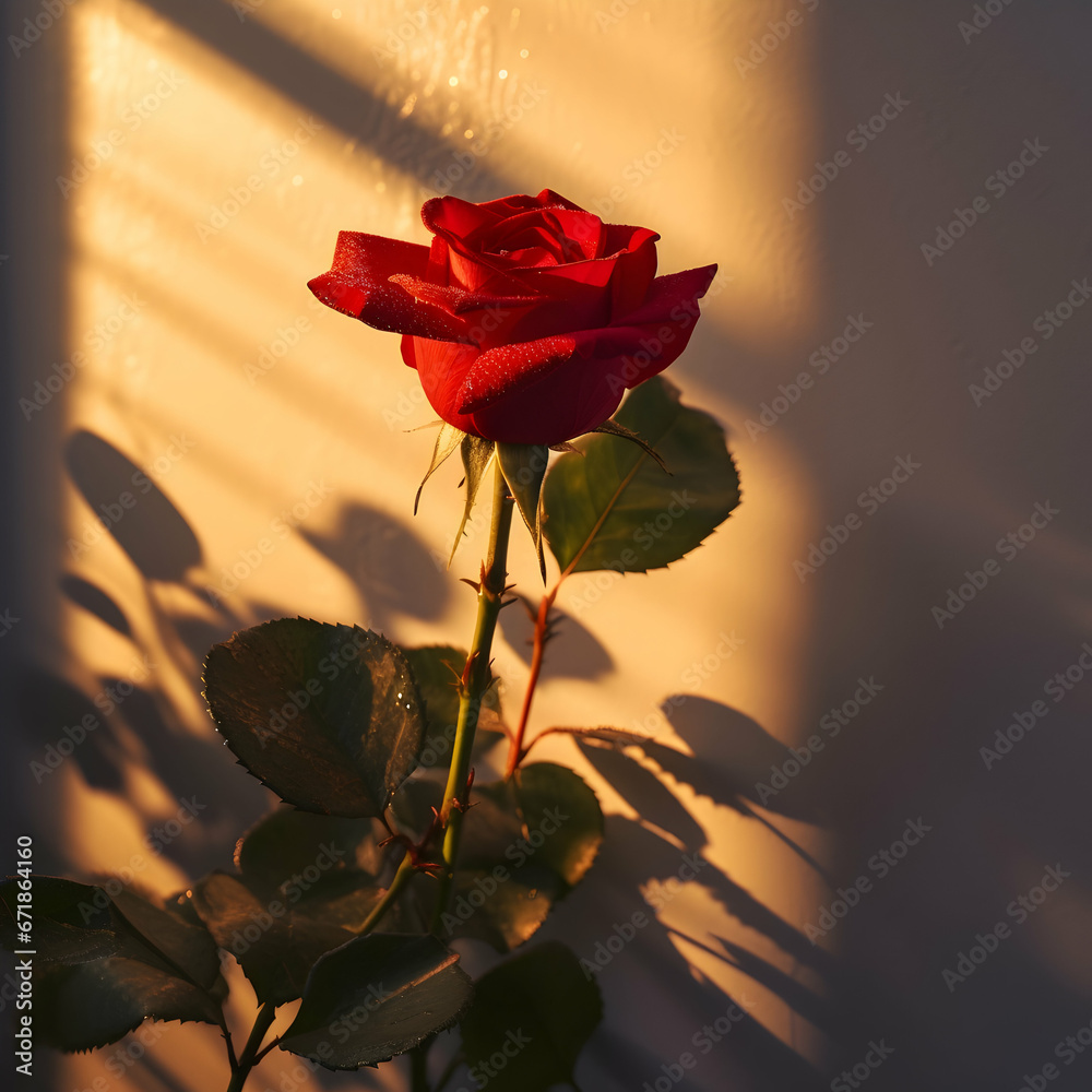 Modern aesthetic close up Red rose with shadow of the sun is on the wall Stock Illustration ...