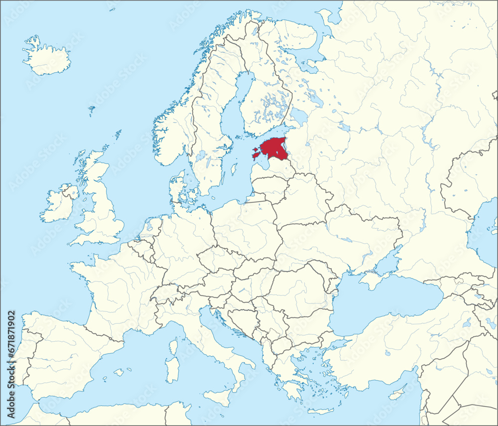 Red CMYK national map of ESTONIA inside detailed beige blank political ...