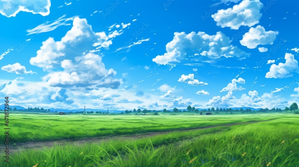 Anime style field clear sky sunny landscape green background wallpaper ...