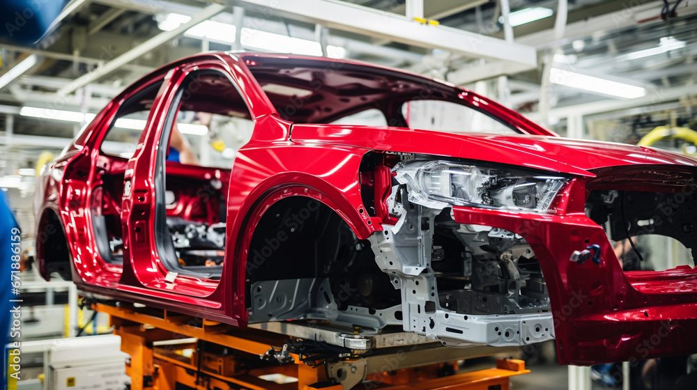Red car in factory with open hood, assembly line, and visible parts ...