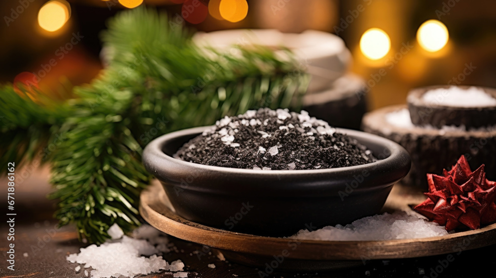 A small dish filled with black lava salt, known for its striking black ...