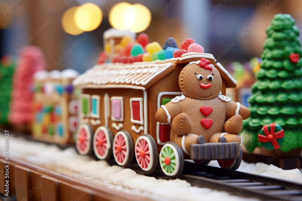 An expertly crafted gingerbread train, complete with a locomotive and ...