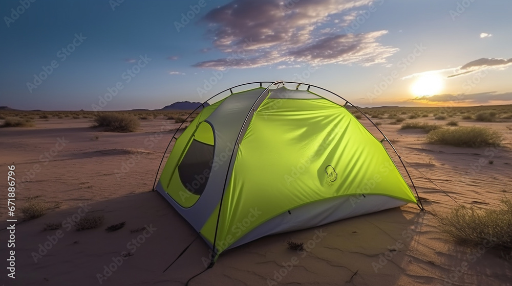 Green and grey tent in desert setting with sunset backdrop. Portable ...