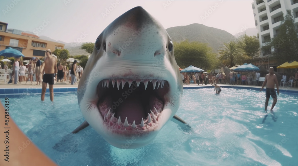 A great white shark, abstract, jumps out of the swimming pool with ...