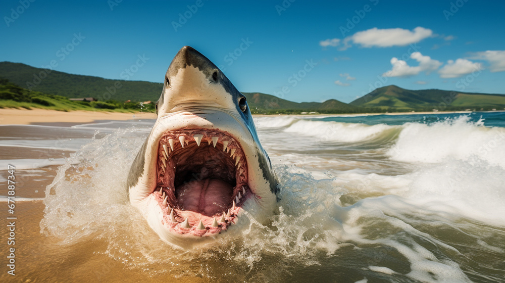 shark attack at the beach. A shark attack at the beach: a menacing ...