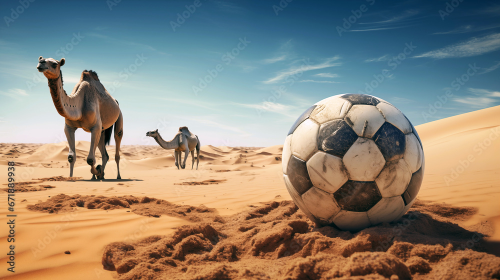 Soccer ball on the sand dunes of a desert with camels. Football in the ...