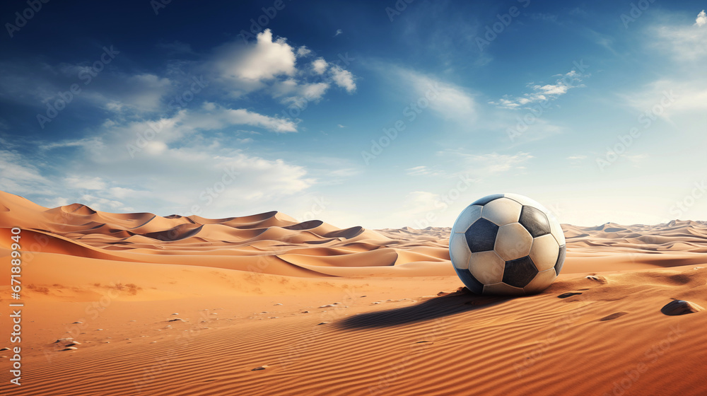 Football ball on the sand dunes of a desert. Football in the desert ...