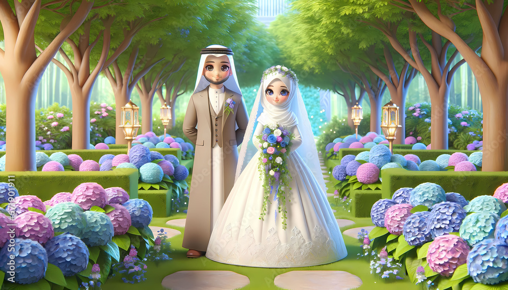 3D cartoon illustration of an Arab bride dressed in Islamic wedding ...