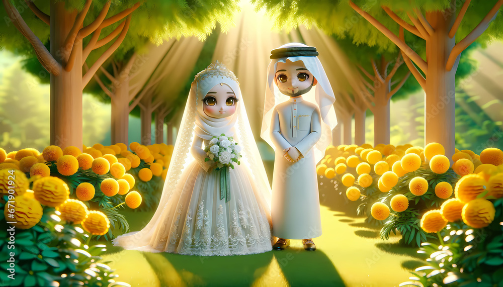 3D cartoon depiction of an Islamic Arab bride wearing a beautiful white ...
