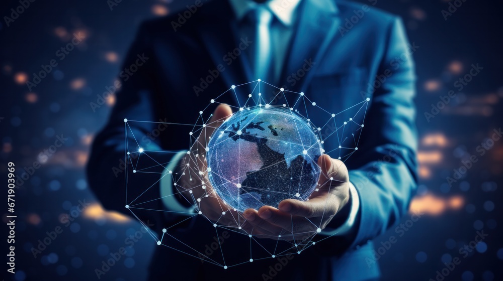 Digital technology, businessman holding Global network connection. Big ...