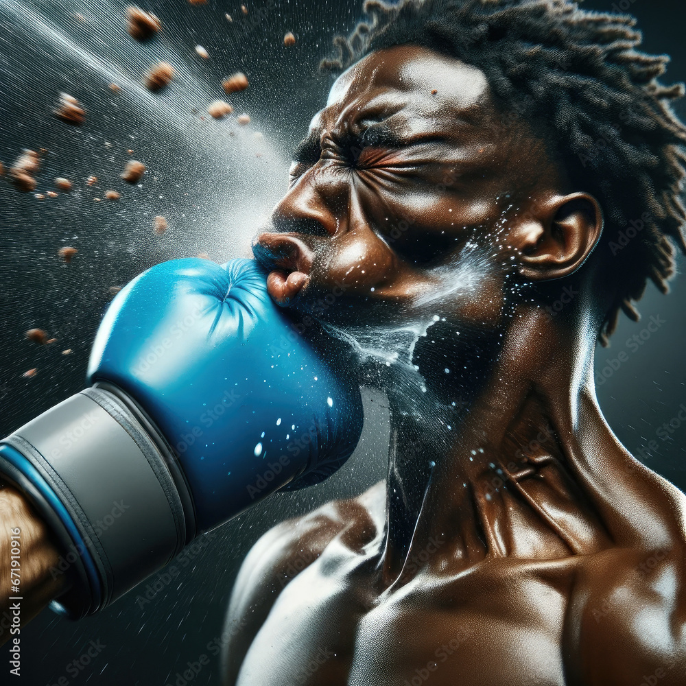 Impactful Boxing Match Photo: Male Boxer Taking Powerful Left Hook with ...