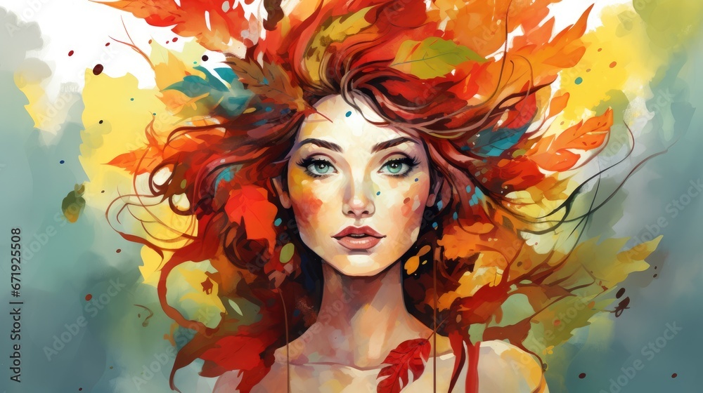 Portrait of a beauty woman in the colorful forest background. Abstract ...