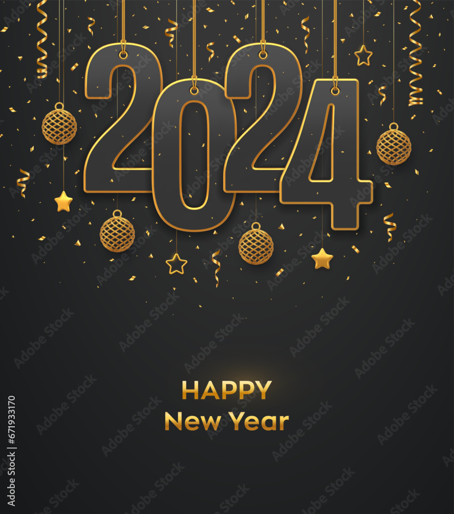Happy New 2024 Year. Hanging on gold ropes numbers 2024 with shining 3D metallic stars, balls ...