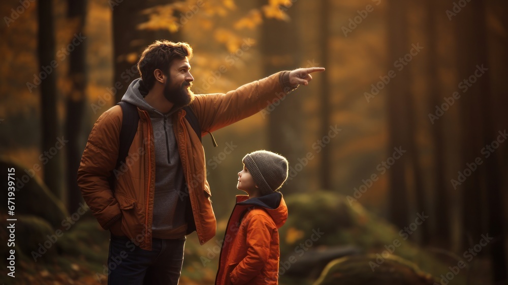 Father and son in the forest, father showing his child the forest ...