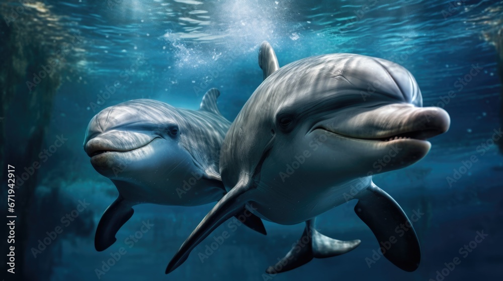 Dolphins playfully interacting in pristine marine environment, sunlight ...