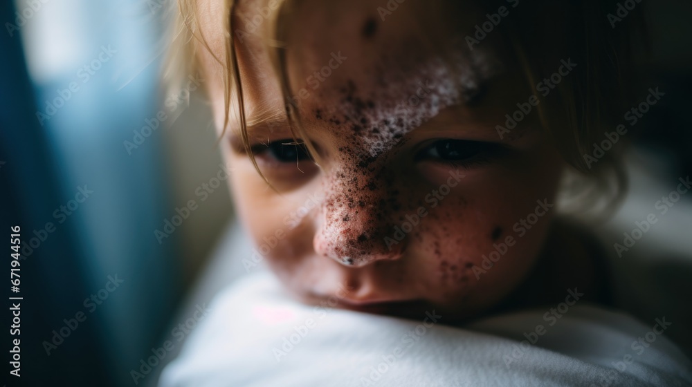 Closeup image of a young child displaying signs of minor injuries with ...