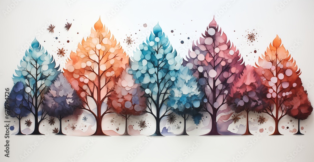 trees painted different color shapes dreamy illustration wall fire ice ...