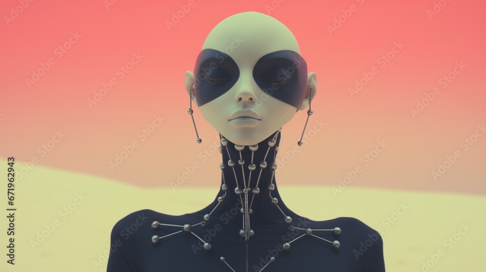 Cyber female robot android with lifeless brown desert dune backdrop ...
