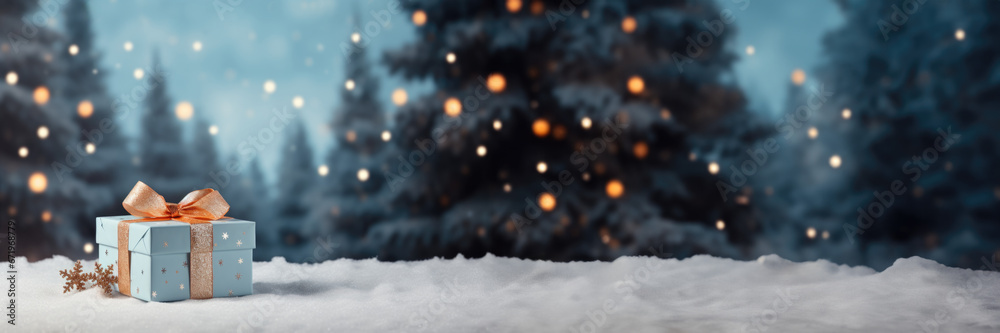 Enchanted Christmas Scene with a Gift Box and Golden Bow Amidst Snowy ...