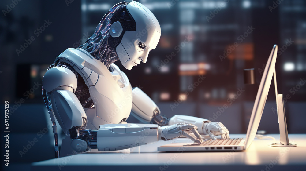 Beautiful white robot AI with laptop typing at table Soft edges and ...