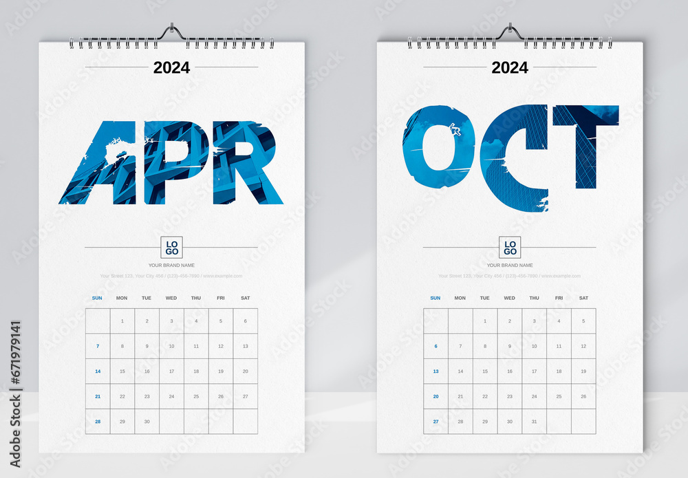Typography Design Wall Calendar 2024 Layout Stock Template | Adobe Stock