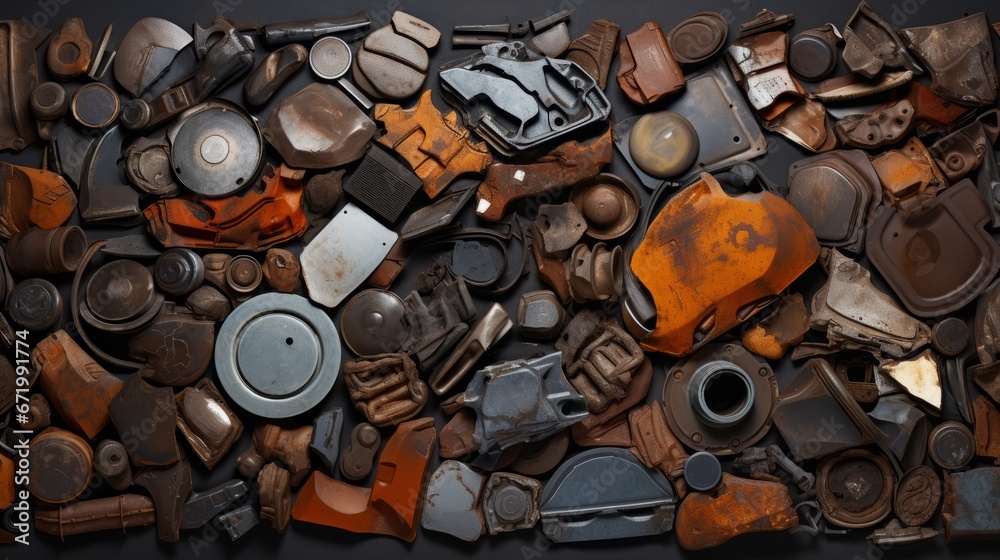 a pile of rusted metal objects, such as cans, lids, and pipes. It shows ...