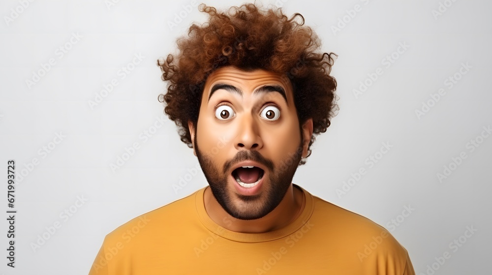 Hyperbole. Studio portrait of a surprised young Indian man, with his ...