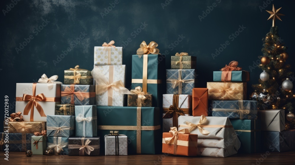 A pile of Christmas presents in front of a tree, showing the tradition ...