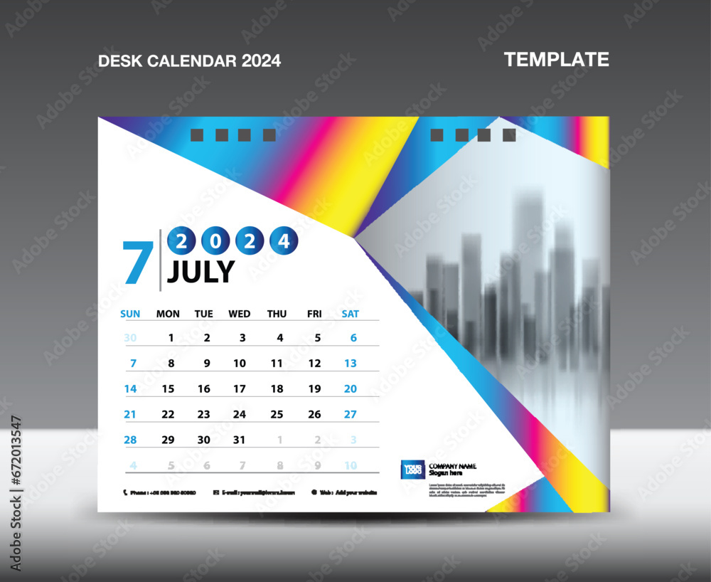Calendar 2024 year template vector- July 2024 year, Desk calendar 2024 ...