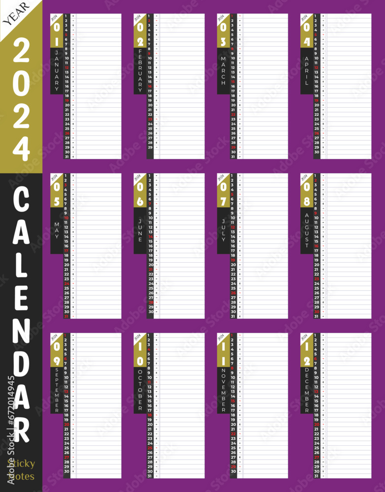 2024 Calendar premium wall or desk printable with day planner sticky ...