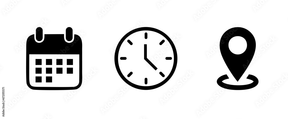 Address. time, and date icon vector. Event elements isolated on transparent background. Black ...