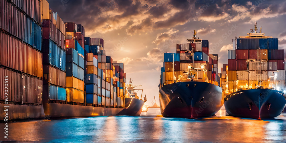 Logistic. container cargo ship loading cargo at industrial port at ...