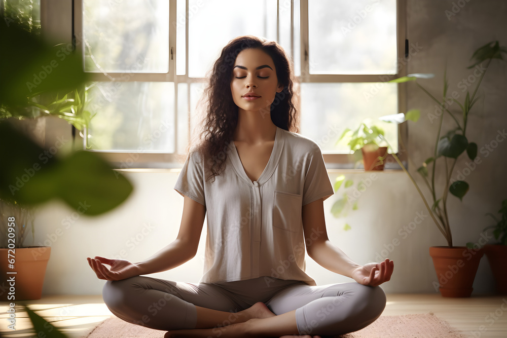Healthy serene young woman meditating at home with eyes closed doing ...