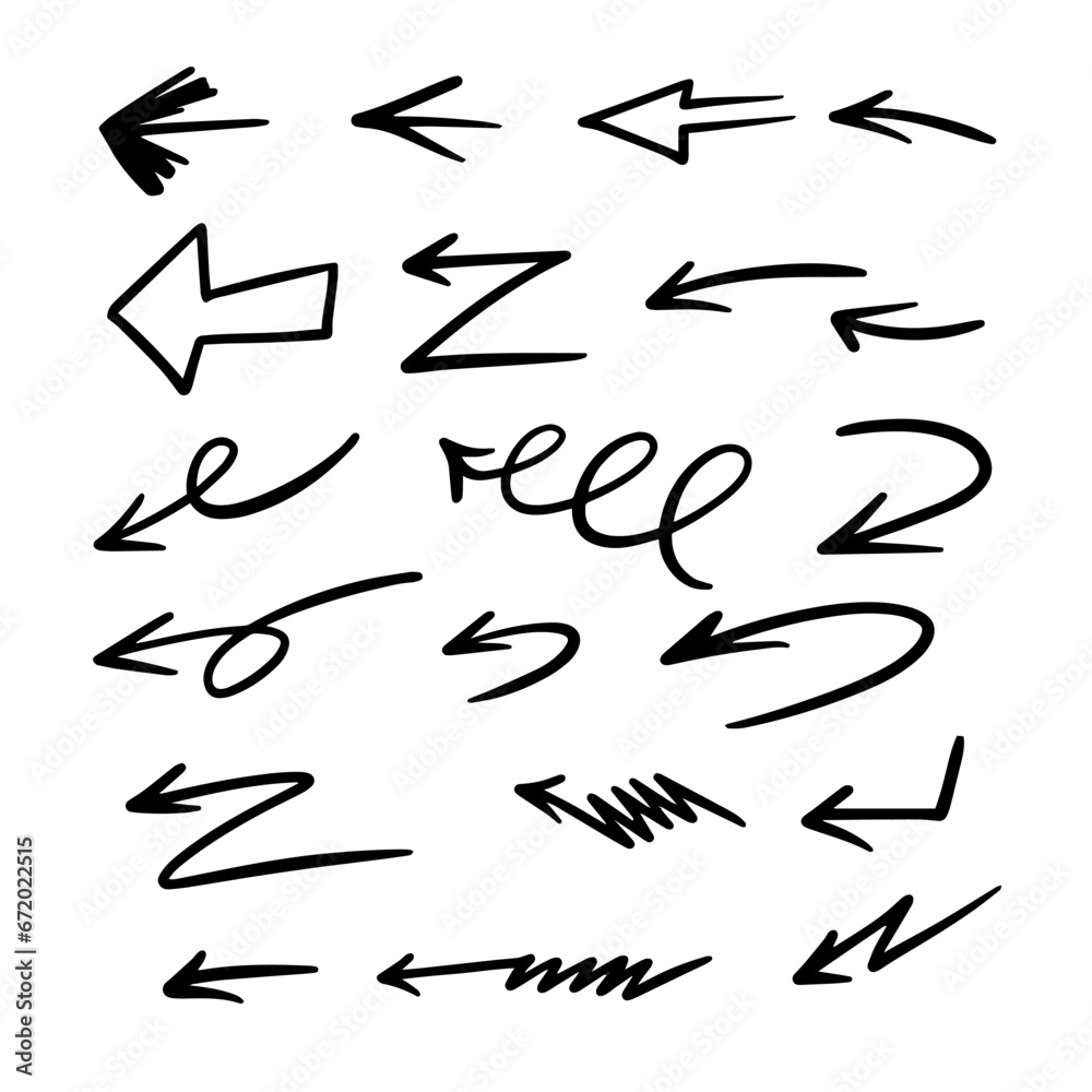 Handwritten arrows set doodle style icons. Black color sign vector art ...