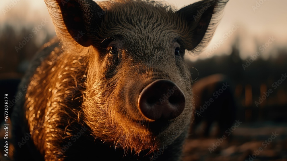 AI generated illustration of a pig staring into the camera as the sun ...