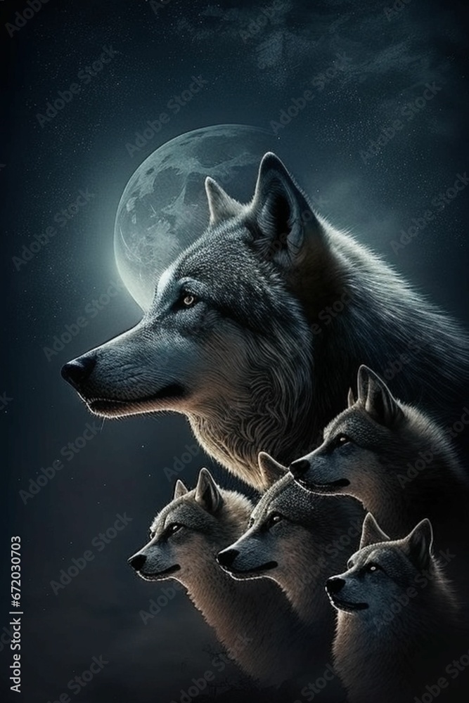 AI generated illustration of grey wolves standing in a row in front of ...