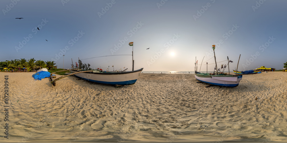 360 hdri panorama near old fishing boats in the sand on the ocean at ...