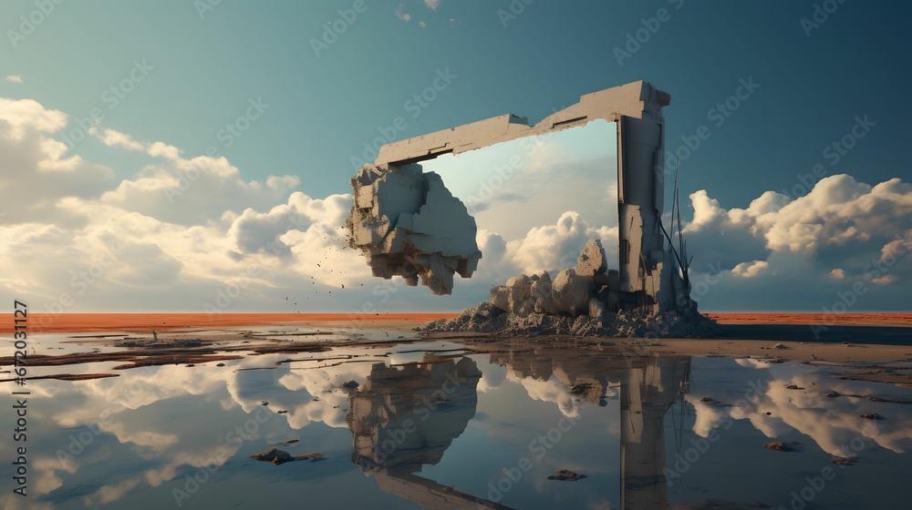 AI generated illustration of an aged, cracked building with a distorted ...