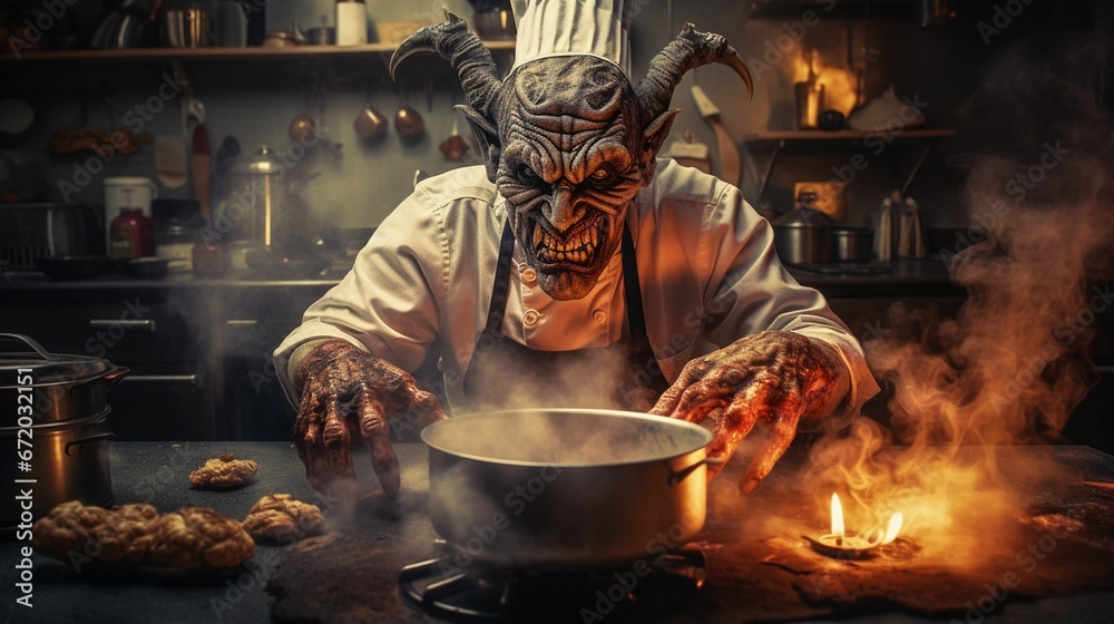 AI generated illustration of a surreal demon chef, amidst gory ...