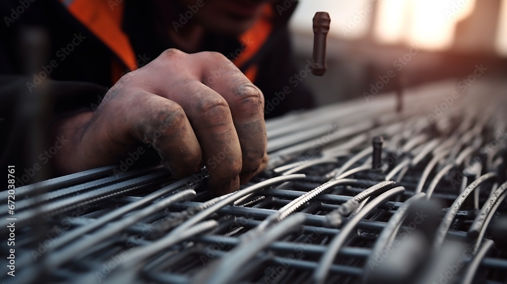 A worker uses steel tying wire to fasten steel rods to reinforcement ...