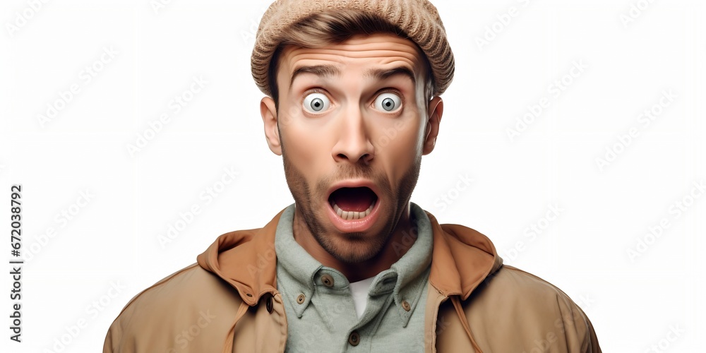 Amazed excited caucasian young man peeking out from behind laptop ...