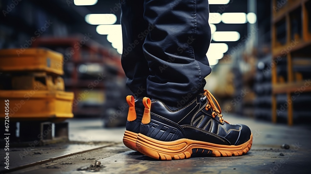 Close-up safety working shoe on a worker feet is standing at the ...