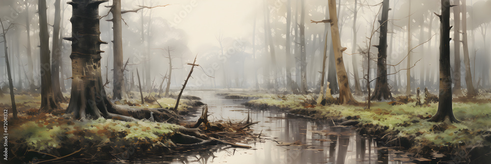 watercolour painting of the swamp landscape, a picturesque natural ...