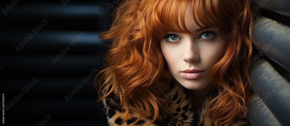 A studio portrait featuring a fashion model a girl with red hair who ...