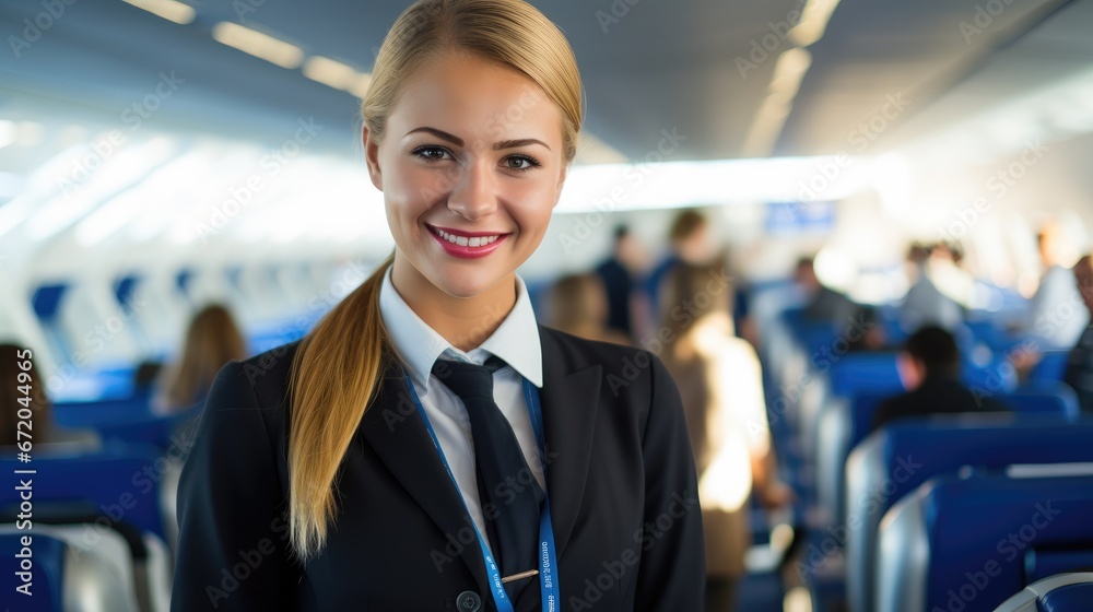 Beautiful female stewardess at work on the airplane Stock Photo | Adobe ...