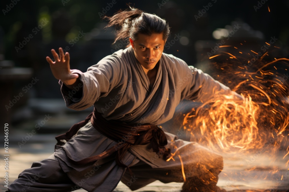 Wushu practitioner demonstrating a graceful sword form, Generative AI ...